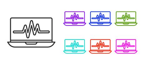 흰색 배경에 격리 된 심전도 아이콘이있는 검은 색 선 노트북 모니터링 아이콘 심장 박동 손으로 그린 심전도 모니터 다채로운