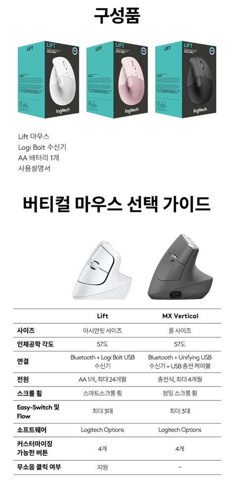 마우스 로지텍코리아 Lift 컴팩트 인체공학 무선블루투스 버티컬마우스 오늘의집 쇼핑