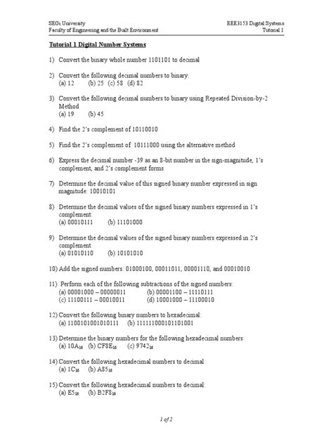 Tutorial 1 Digital Number Systems Pdf Binary Coded Decimal Decimal