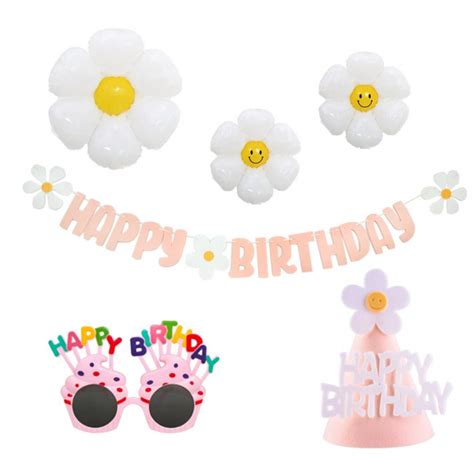 Gam 스탠다드 데이지 생일가랜드 호일풍선 생일파티세트 해피버스데이안경 해피버스데이머리띠 B핑크데이지세트 기프트썸