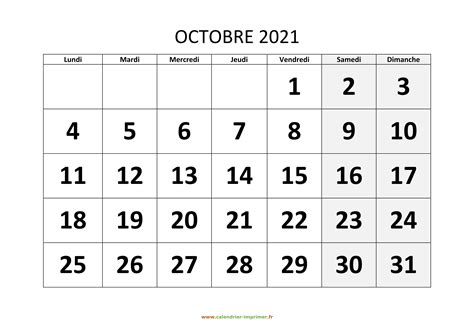 Calendrier Octobre 2021 à Imprimer