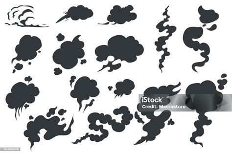 연기 실루엣은 평면 디자인으로 설정된 그래픽 요소를 격리합니다 다양한 검은 증기 및 증기 모양 가스 냄새 또는 구름 질감 만화 스타일의 이동 속도 묶음 벡터 그림입니다