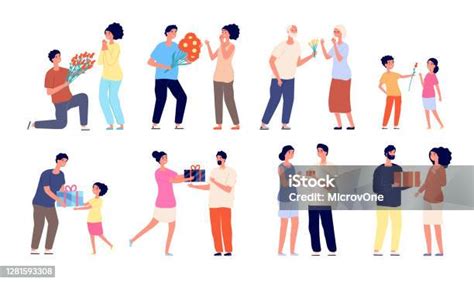 꽃을 주는 남자 부부 꽃다발 행복한 여자는 선물을 얻을 발렌타인 데이 또는 생일 선물 로맨틱 벡터 일러스트와 젊은 노인 꽃 식물에 대한 스톡 벡터 아트 및 기타 이미지