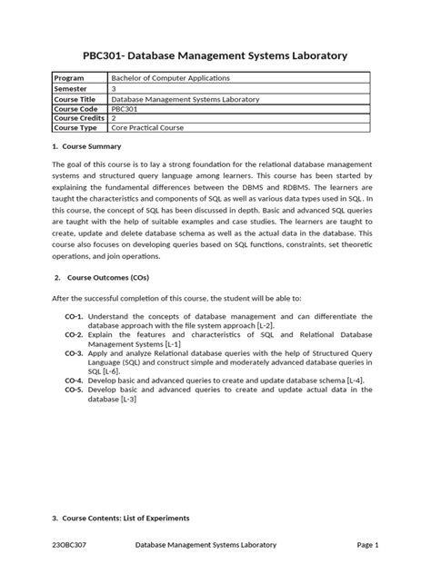 Bca 3rdsem Pbc301 Database Management Systems Laboratory Umesh