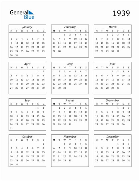 1939 Blank Yearly Calendar Printable