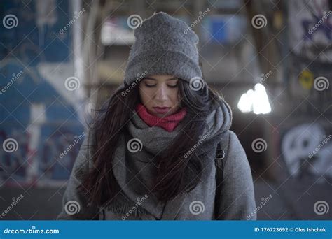 Sad Brunette Caucasian Woman Looking Down Portrait Of Upset Beautiful