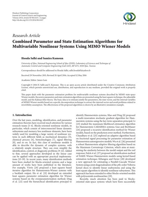 Pdf Combined Parameter And State Estimation Algorithms For Multivariable Nonlinear Systems