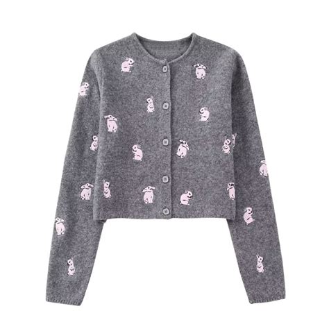 끌랑스 자라 스타일 토끼 자수 패턴 자카드 니트 숏 가디건 위시버킷