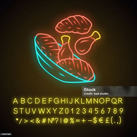 고기 접시 네온 빛 아이콘입니다 스테이크와 치킨 드럼 스틱 정육점 상품 레스토랑 메뉴 고기 요리 알파벳 숫자 및 기호와 빛나는 기호 벡터 절연 그림 닭고기에 대한 스톡 벡터