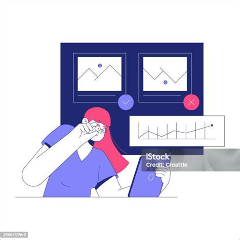 여성 전문가는 흰색 배경에 고립 된 평면 벡터 일러스트 레이 션에서 태블릿에서 그래프와 이미지를 검토하고 있습니다 개념에 대한 스톡 벡터 아트 및 기타 이미지 Istock