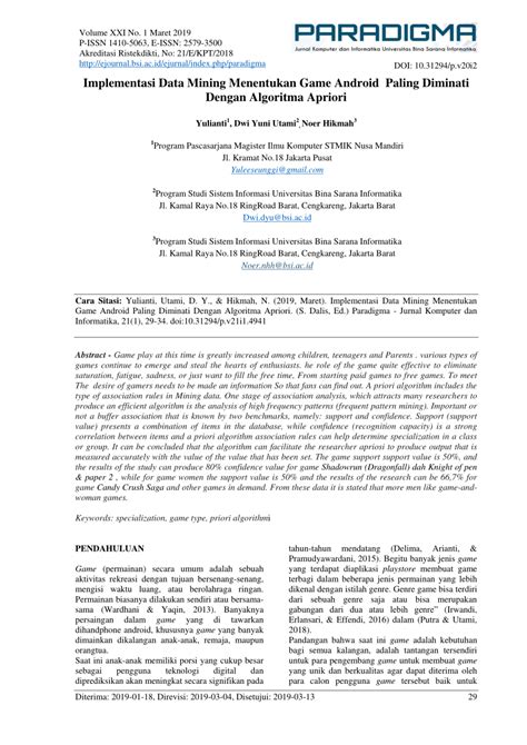 Pdf Implementasi Data Mining Menentukan Game Android Paling Diminati Dengan Algoritma Apriori