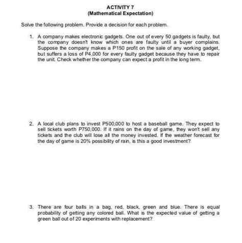 Solved Activity 7 Mathematical Expectation Solve The