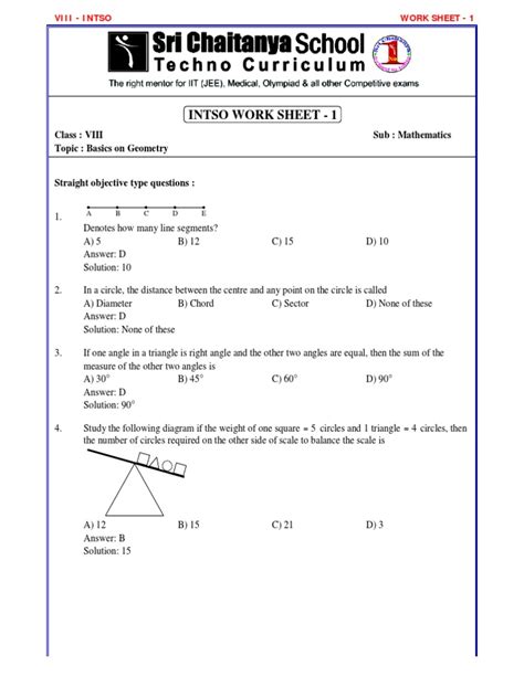 8 Class Intso Work Sheet 1 Basics On Geometry Pdf Circle