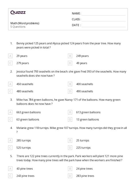 50 Math Word Problems Worksheets For 2nd Class On Quizizz Free