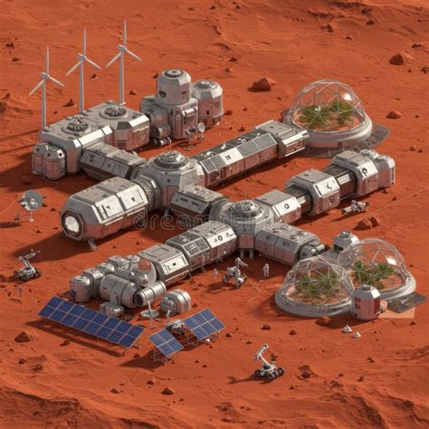 Futuristic Mars Colony With Wind Turbines And Solar Panels Stock