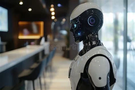 Robot Assistant Stands In A Modern Cafe Showcasing Advanced Technology