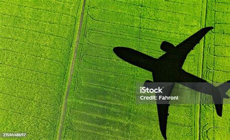녹색 들판 위를 날고 있는 그림자 비행기 지속 가능한 연료 항공 바이오 연료 바이오 연료를 사용한 지속 가능한 운송 및 친환경 비행 항공 지속 가능성 항공 여행의 바이오
