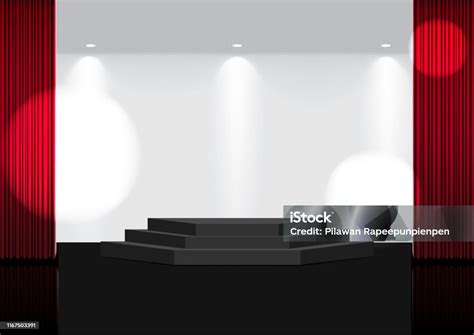 스포트라이트 배경 일러스트 벡터를 가진 쇼 콘서트 또는 프리젠 테이션을위한 무대 또는 영화관에서 3d 모형 현실적 오픈 레드