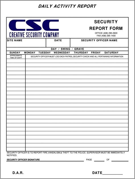 Editable Security Guard Daily Activity Report Template Excel Tacitproject