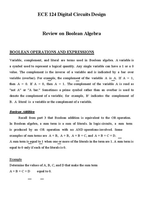 review boolean algebra ece 124 digital circuits design review on