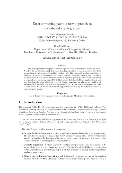 Pdf Error Correcting Pairs A New Approach To Code Based Cryptography