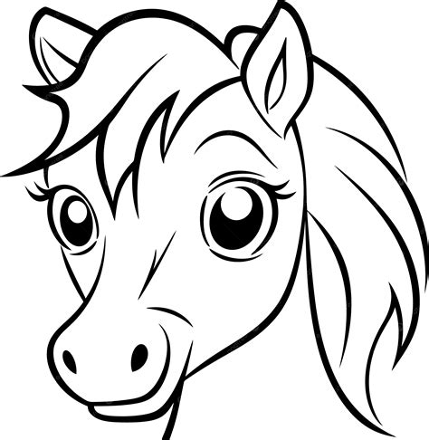 큰 갈기와 큰 눈을 가진 말 머리 색칠 페이지 벡터 기본 간단한 귀여운 만화 말머리 개요 흰색 배경에 고립 어린이 색칠 페이지 Png 일러스트 및 벡터 에 대한 무료