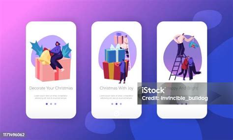 메리 크리스마스 이브 겨울 휴일 준비 모바일 앱 페이지 온보드 화면 세트입니다 사람들은 웹 사이트 또는 웹 페이지 만화 플랫 벡터 일러스트레이션을위한 축제 시즌 개념을위한