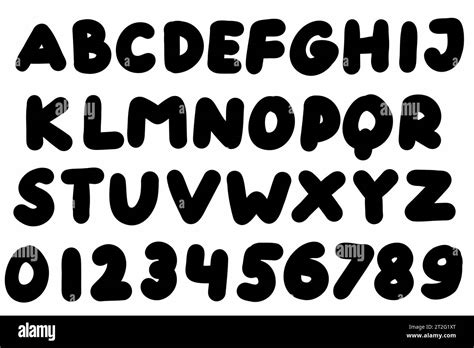 Rounded Black English Latin Abc Alphabet Font A To Z And Digits 0 To 9 Set Vector Illustration