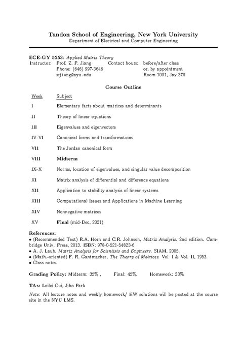 Ece Gy 5253 Applied Matrix Theory Syllabus Tandon School Of
