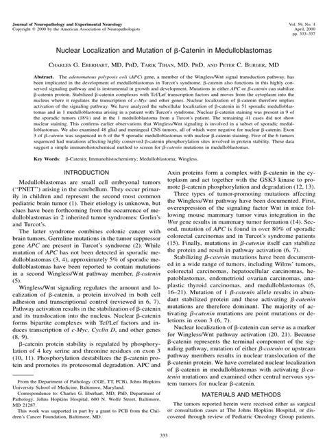 Pdf Nuclear Localization And Mutation Of Beta Catenin In Medulloblastomas