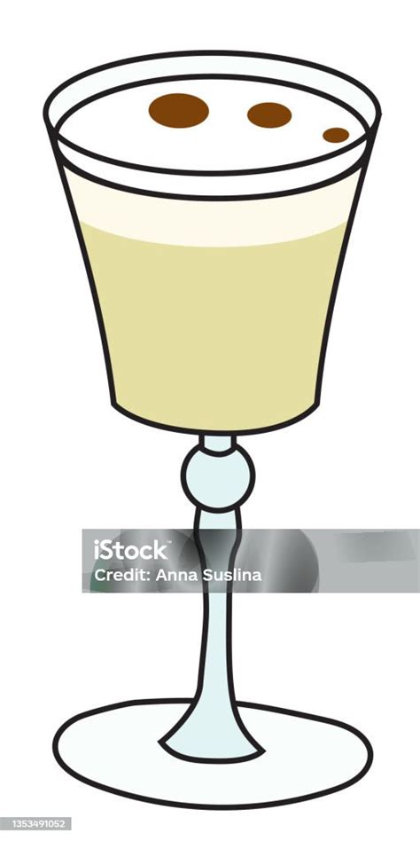 코블러 유리에 피스코 사워 클래식 칵테일 아마고 쓴 방울로 장식 된 피스코 기반 음료 스타일리시한 손으로 그린 낙서 만화 힙스터 스타일 벡터 일러스트레이션 결정체에 대한