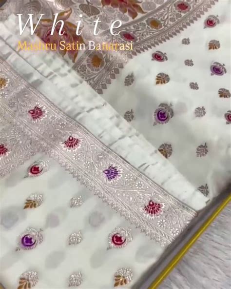 White Satin Mashru Banarasi Saree With Meena Buta And Floral Zari Pallu
