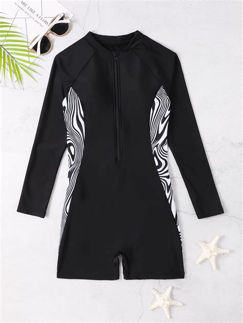 Zebra Striped Zipper Front One Piece Swimsuit Shein Usa