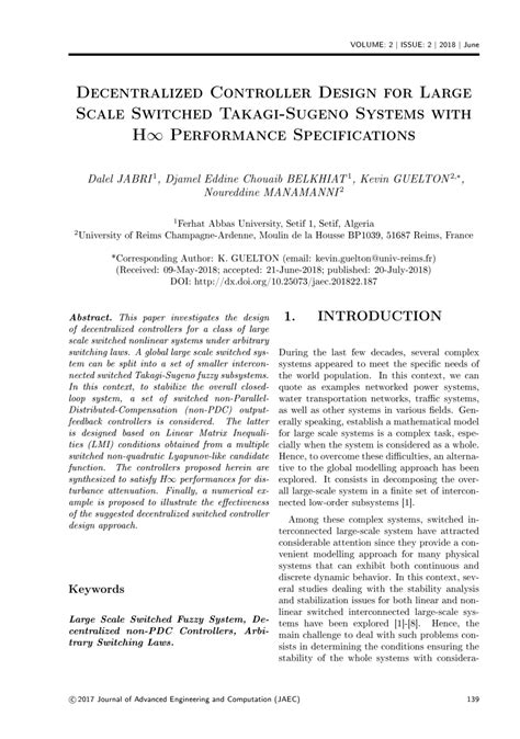 Pdf Decentralized Controller Design For Large Scale Switched Takagi
