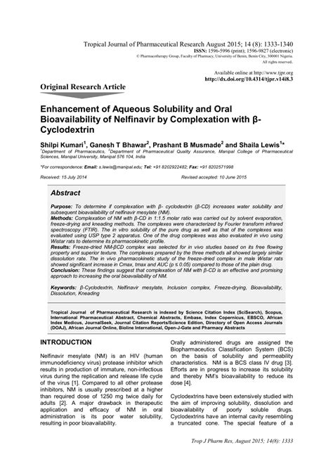 Pdf Enhancement Of Aqueous Solubility And Oral Bioavailability Of Nelfinavir By Complexation