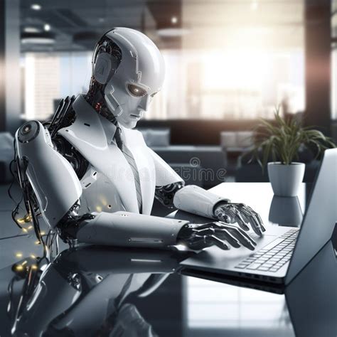 Ai Cyborg Android Robot Working With Laptop In Office Artificial Intelligence Generative Ai
