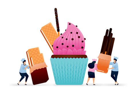 셰프는 바닐라 크림 샌드위치 비스킷과 비스킷 스틱 코팅 초콜릿으로 머핀을 만듭니다 인쇄 신문 표지 잡지 전단지 브로셔에 적합한 일러스트레이션 가득 찬에 대한 스톡 벡터 아트