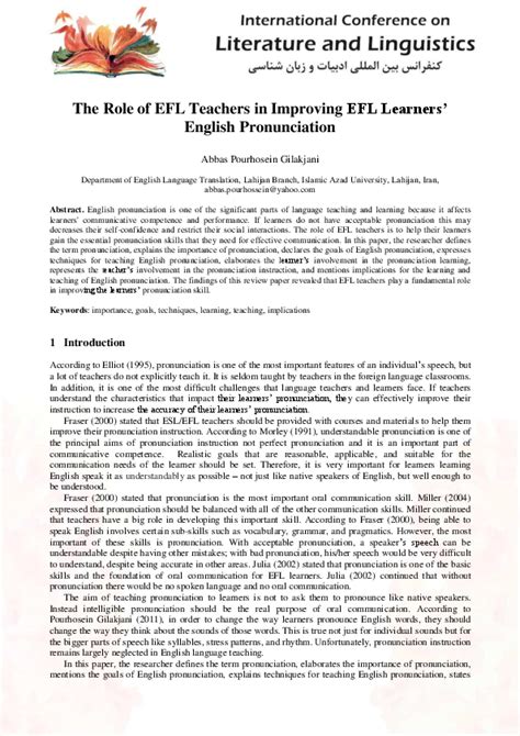Pdf The Role Of Efl Teachers In Improving Efl Learners English Pronunciation