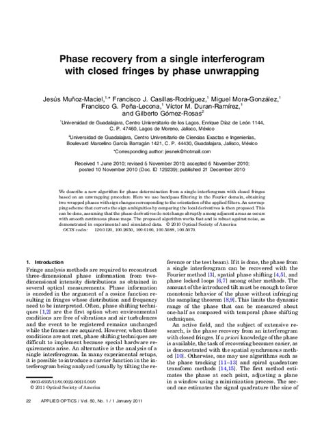 Pdf Phase Recovery From A Single Interferogram With Closed Fringes By Phase Unwrapping