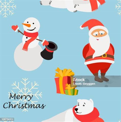 메리 크리스마스 다채로운 매끄러운 패턴 산타 클로스 사슴 흰 곰 눈사람 및 선물 벡터와 함께 겨울 휴일 만화 캐릭터 배경 12월에 대한 스톡 벡터 아트 및 기타 이미지