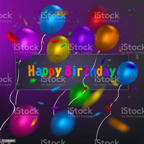 보라색 배경 및 다채로운 풍선 해피 생일 카드 템플릿 벡터 Eps 10 형식입니다 3차원 형태에 대한 스톡 벡터 아트 및 기타 이미지 3차원 형태 공중 공휴일