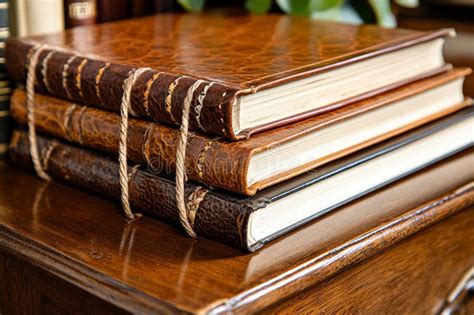 Stack Of Antique Leather Bound Books Resting On Wooden Table Stock