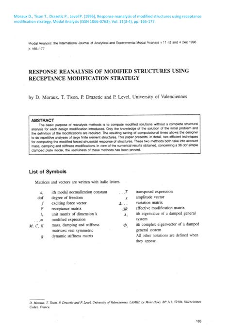 Pdf Response Reanalysis Of Modified Structures Using Receptance