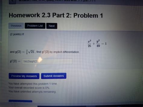Solved Homework 23 Part 2 Problem 1 Previous Problem List