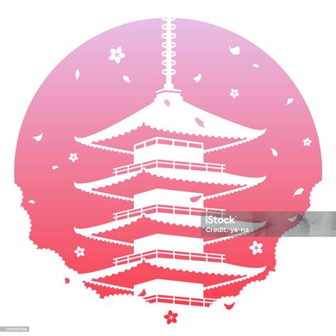 일본의 탑 실루엣 사쿠라 꽃 시간 벡터 그림입니다 일본의 상징으로 떠오르는 태양 핑크 컬러 교토에 대한 스톡 벡터 아트 및 기타