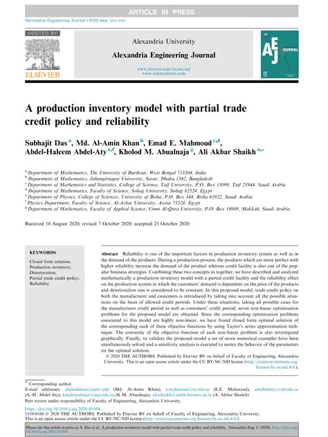 Pdf A Production Inventory Model With Partial Trade Credit Policy And Reliability