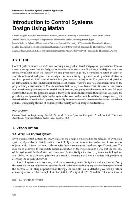 Introduction To Control Systems Design Using Matlab 1 Pdf