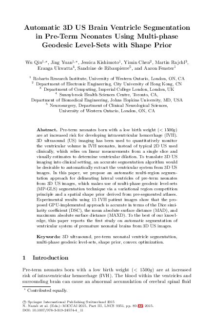 Pdf Automatic 3d Us Brain Ventricle Segmentation In Pre Term Neonates Using Multi Phase