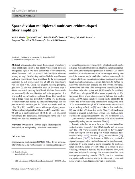 Pdf Space Division Multiplexed Multicore Erbium Doped Fiber Amplifiers