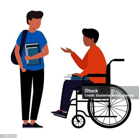 휠체어를 탄 장애인이 무릎에 책을 들고 남자와 이야기를 나누고 있다 장애가 있는 학생 흰색 배경에 그림 건강관리와 의술에 대한 스톡 벡터 아트 및 기타 이미지 Istock